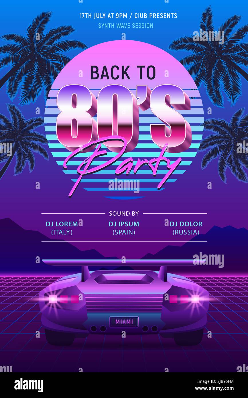 Realistic retro wave party vertical poster with futuristic car palm ...
