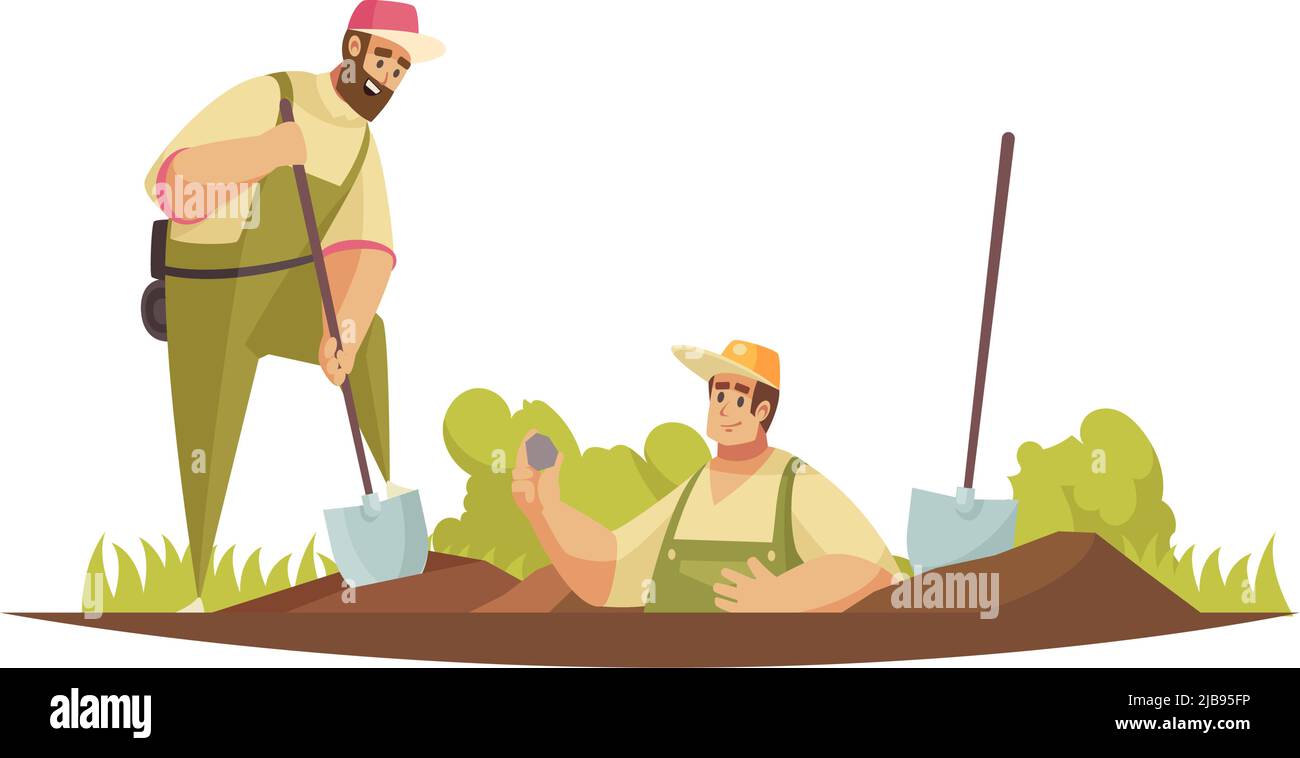 Geologist composition with group of male geologists digging ground with ...