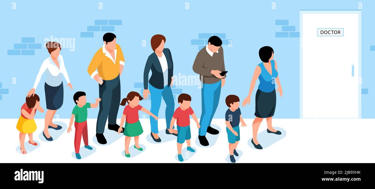 Parents with children waiting in queue for doctor appointment 3d ...
