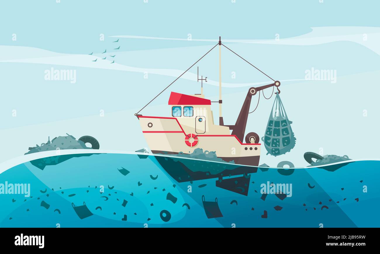 Nature water pollution composition with open sea scenery and flat image ...