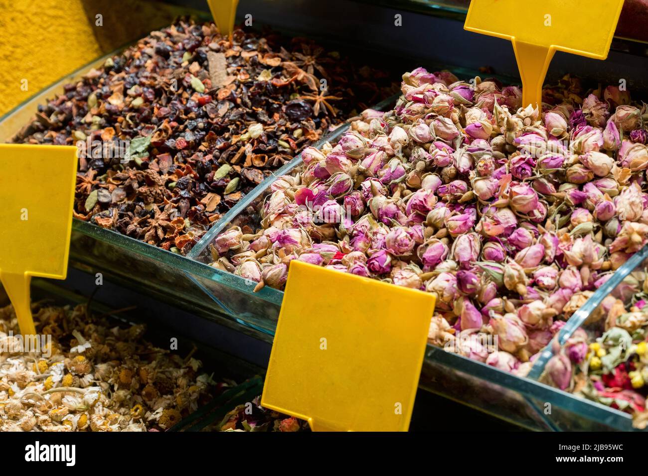 Turkish market with different types of tea, herbs, plants and dried ...