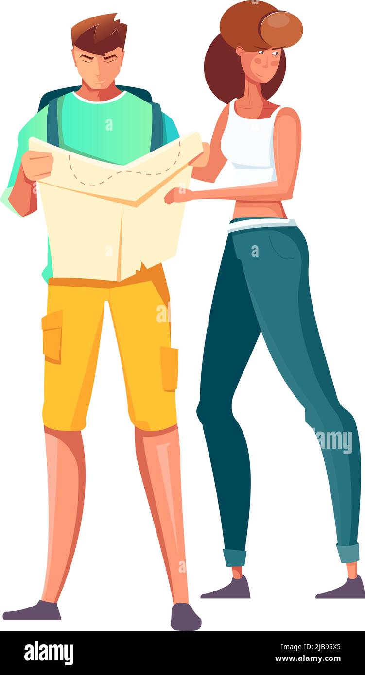 Treasure hunt flat composition with characters of woman and man looking ...