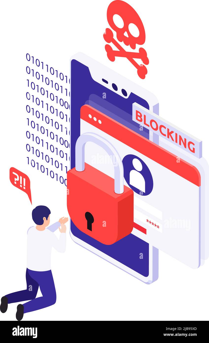Data protection icon with confused man and notification about blocking ...