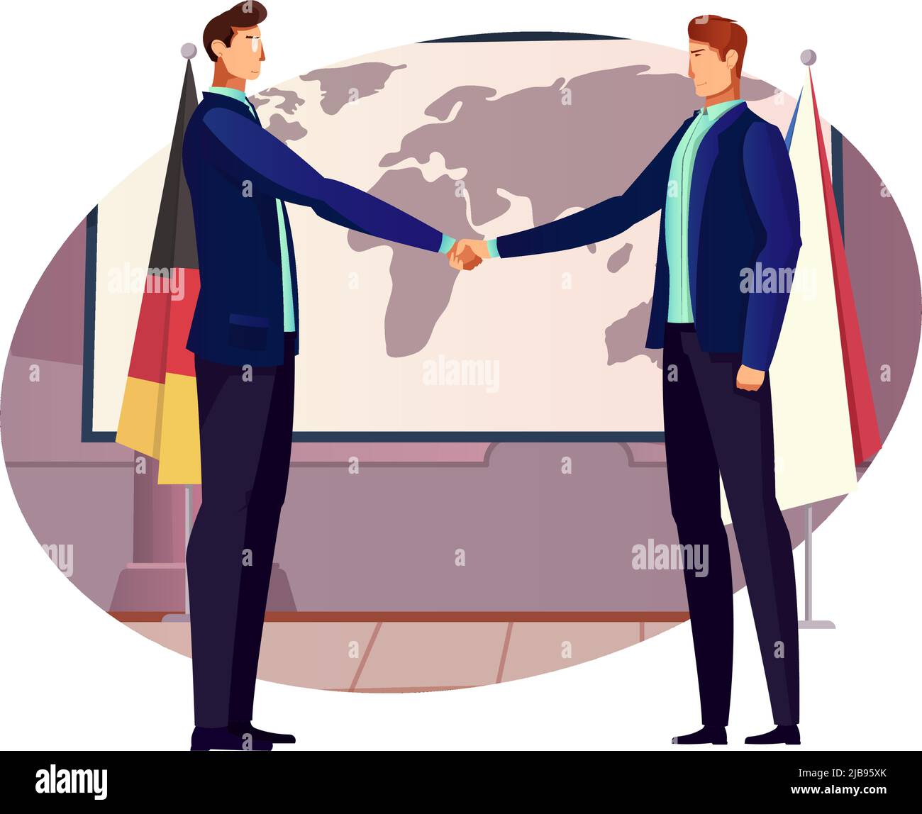 Diplomacy flat composition with two characters handshaking on ...