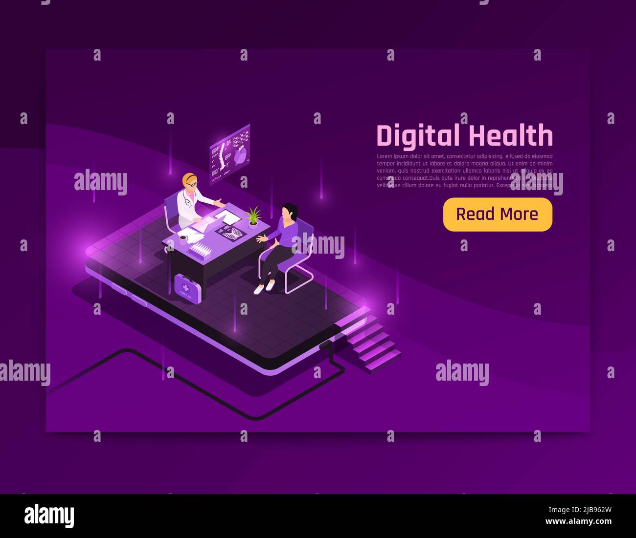 Telemedicine digital health glow isometric background website page with ...