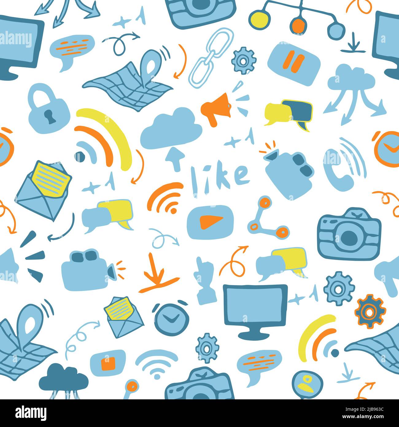 Doodle seamless pattern with social media elements, objects in vector ...