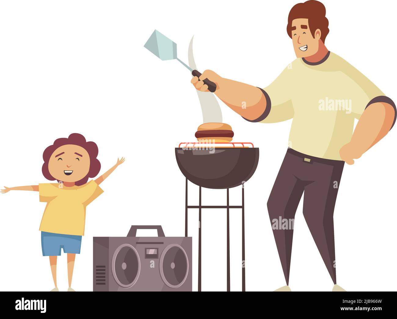Happy child and man dancing and grilling burgers at bbq party flat ...