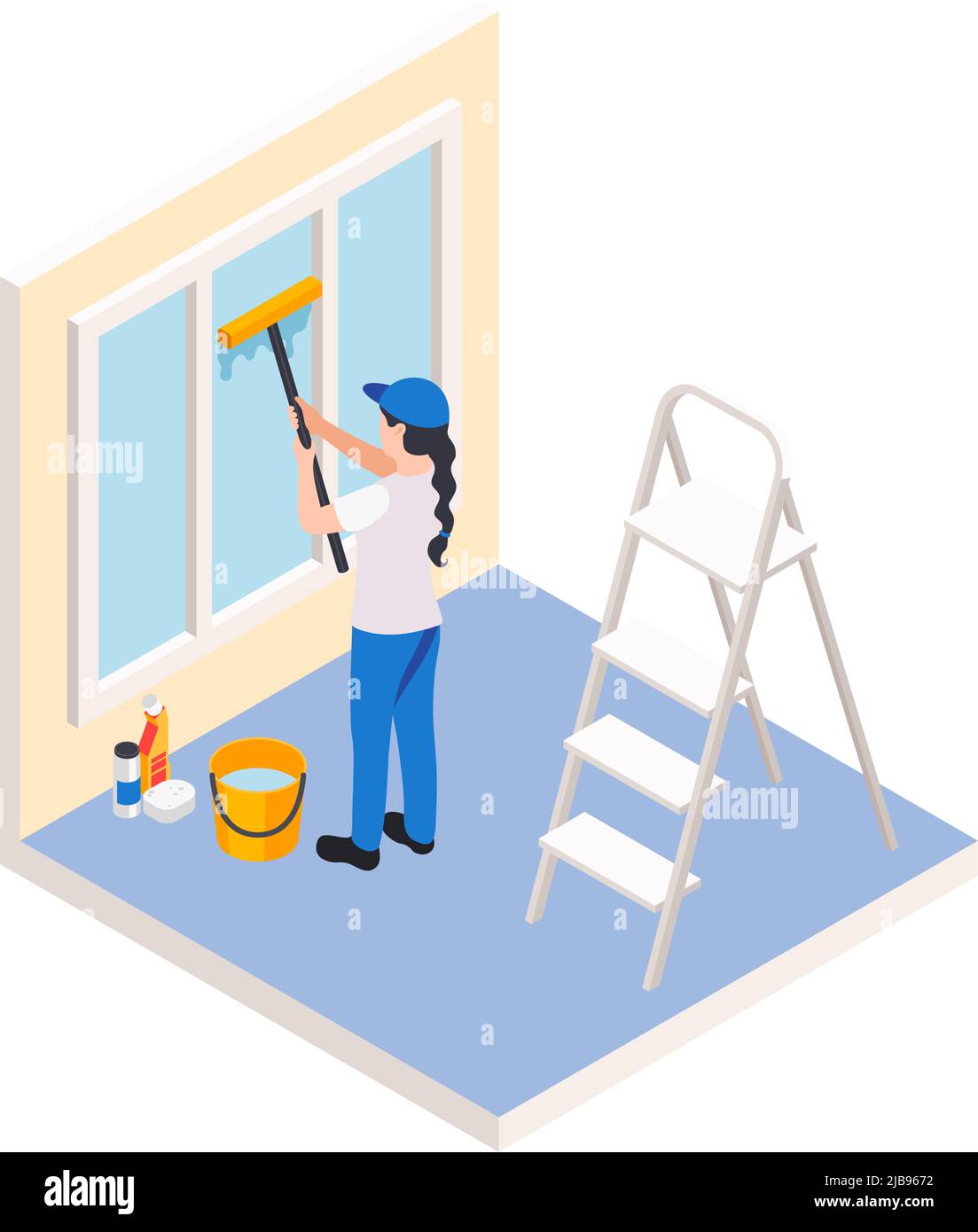 Renovation repair works isometric composition with character of female ...