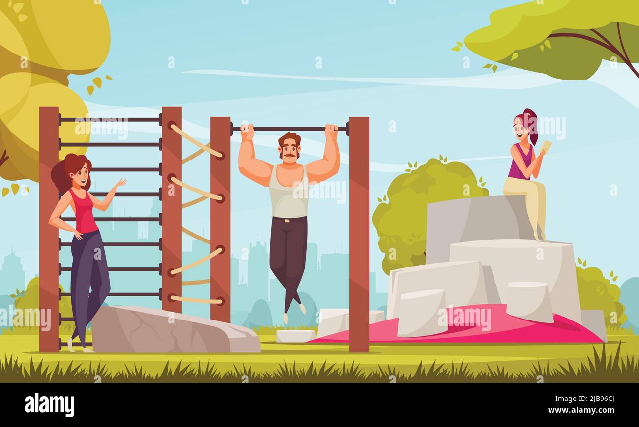 Outdoor activities composition with cityscape background clear sky and ...