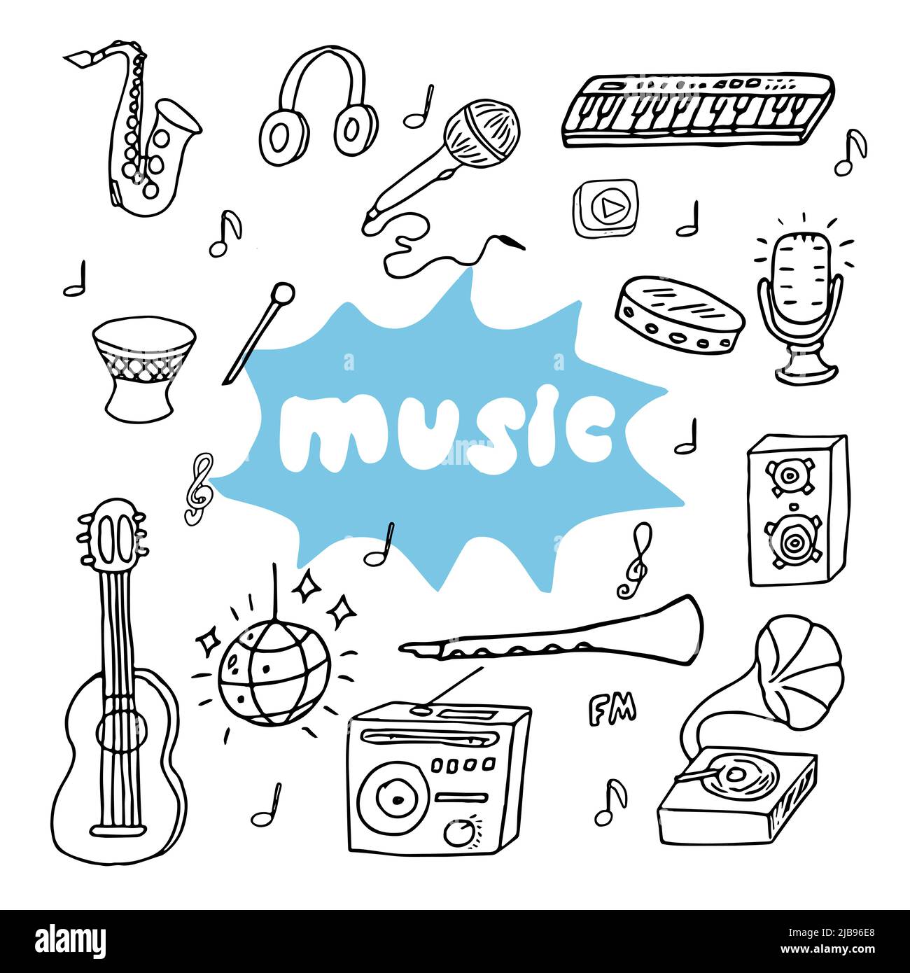 Hand drawn doodle music instruments and elements, contour objects ...