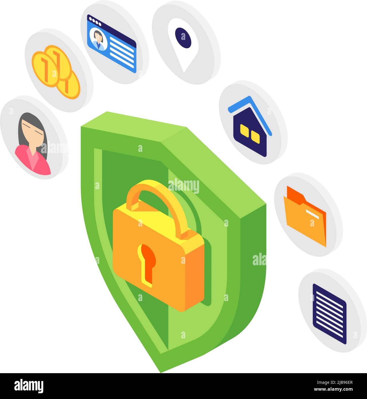 Personal data protection isometric concept with green shield on white ...