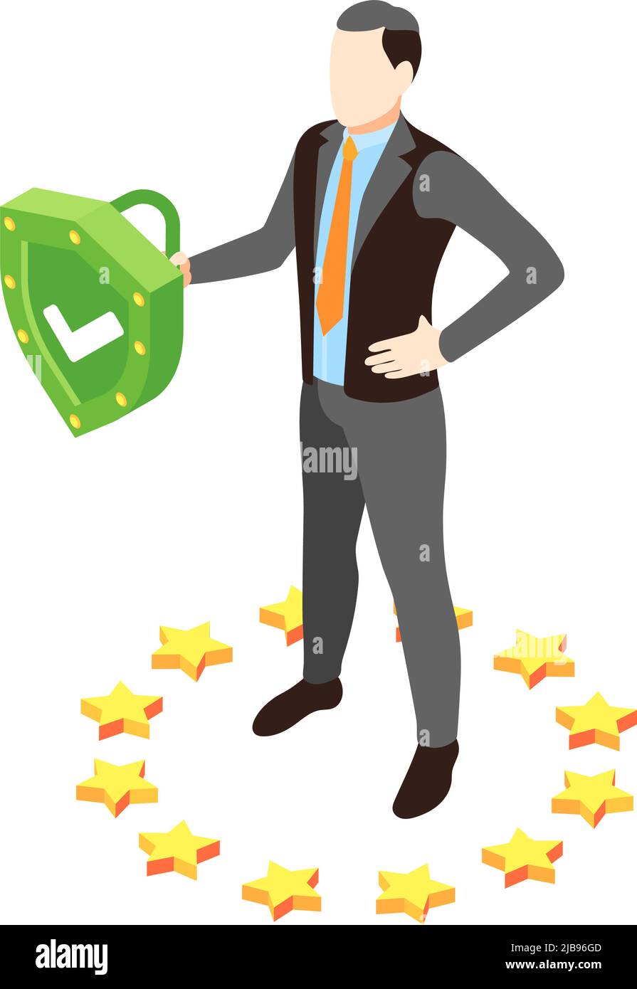 Personal data protection icon with confident man holding green shield ...
