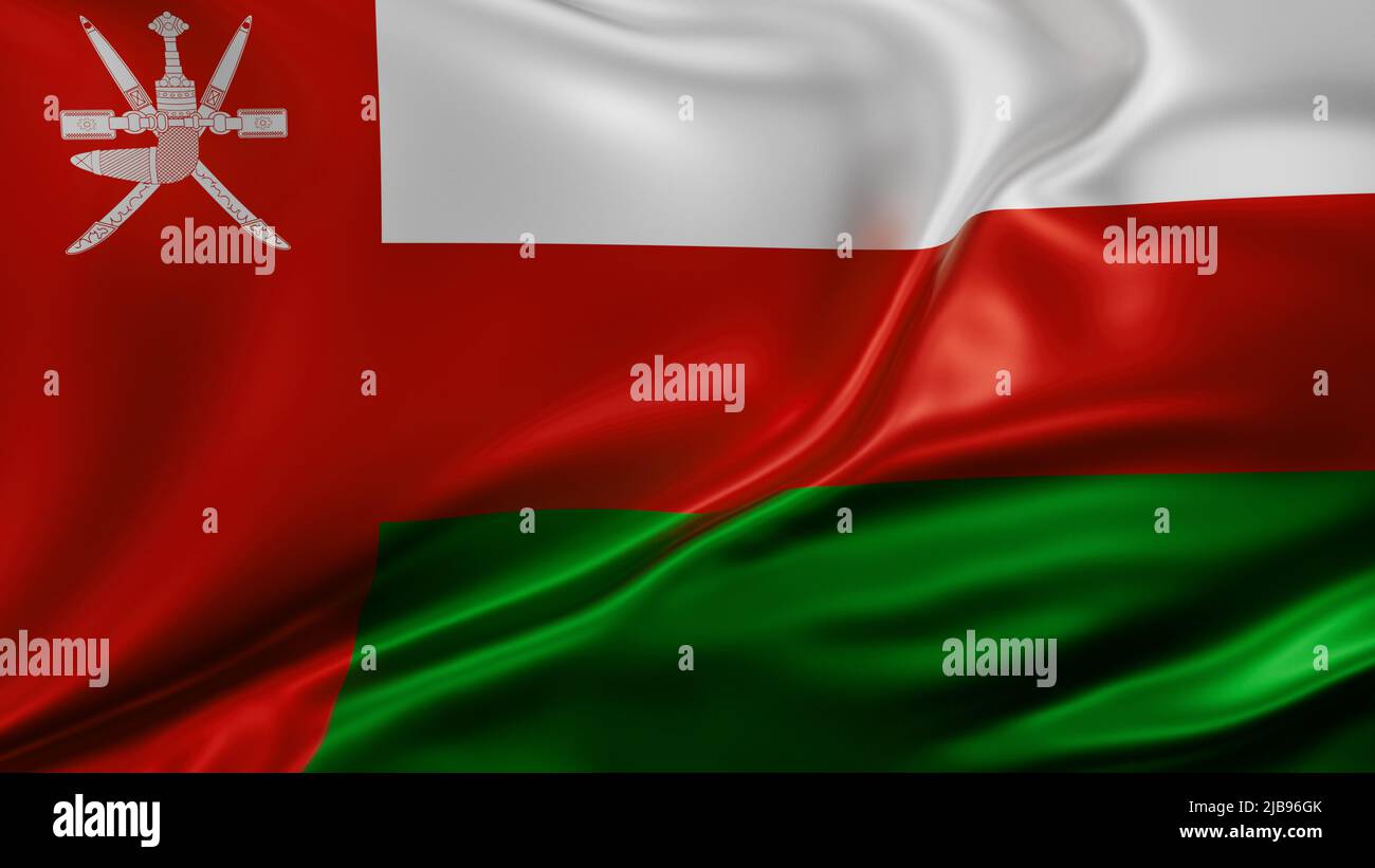 Oman flag full screen background, silk farbric, close up waving in the ...