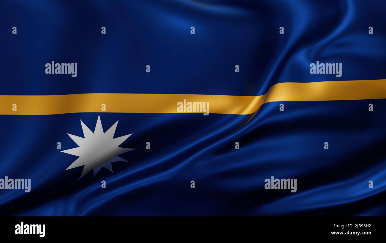 Nauru flag full screen background, silk farbric, close up waving in the ...