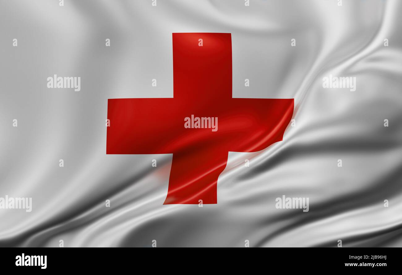 Red Cross flag full screen background, silk farbric, close up waving in ...