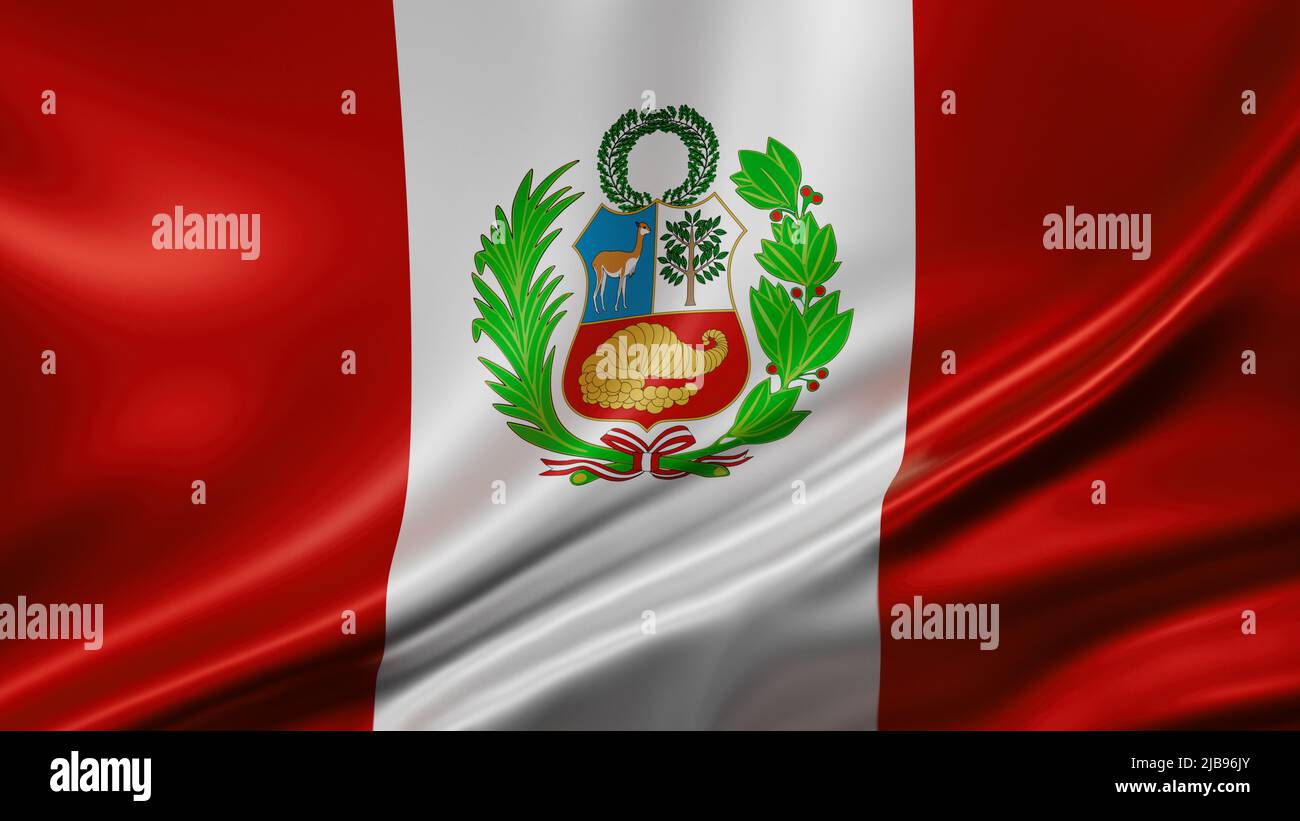 Peru flag full screen background, silk farbric, close up waving in the ...