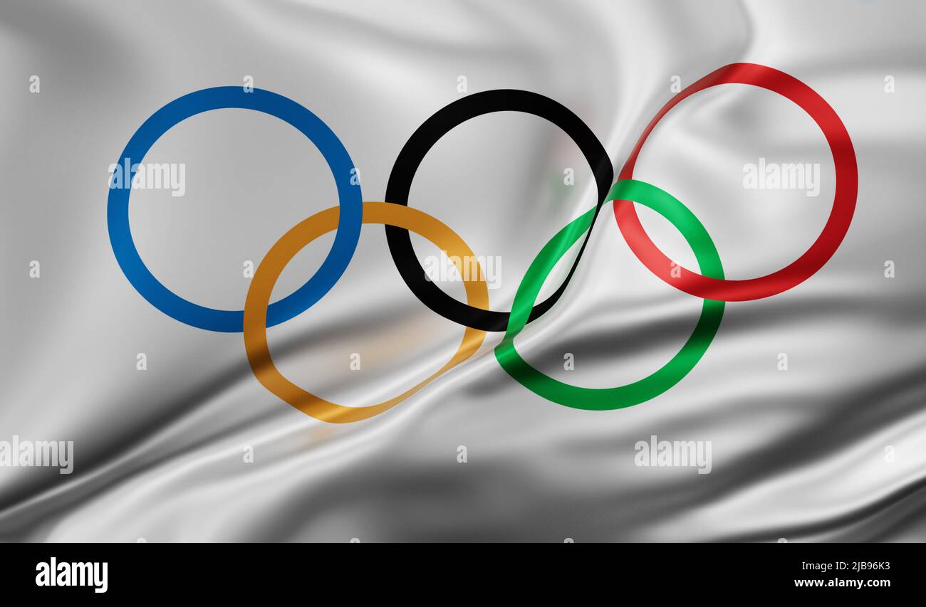 Olympic games flag full screen background, silk farbric, close up ...