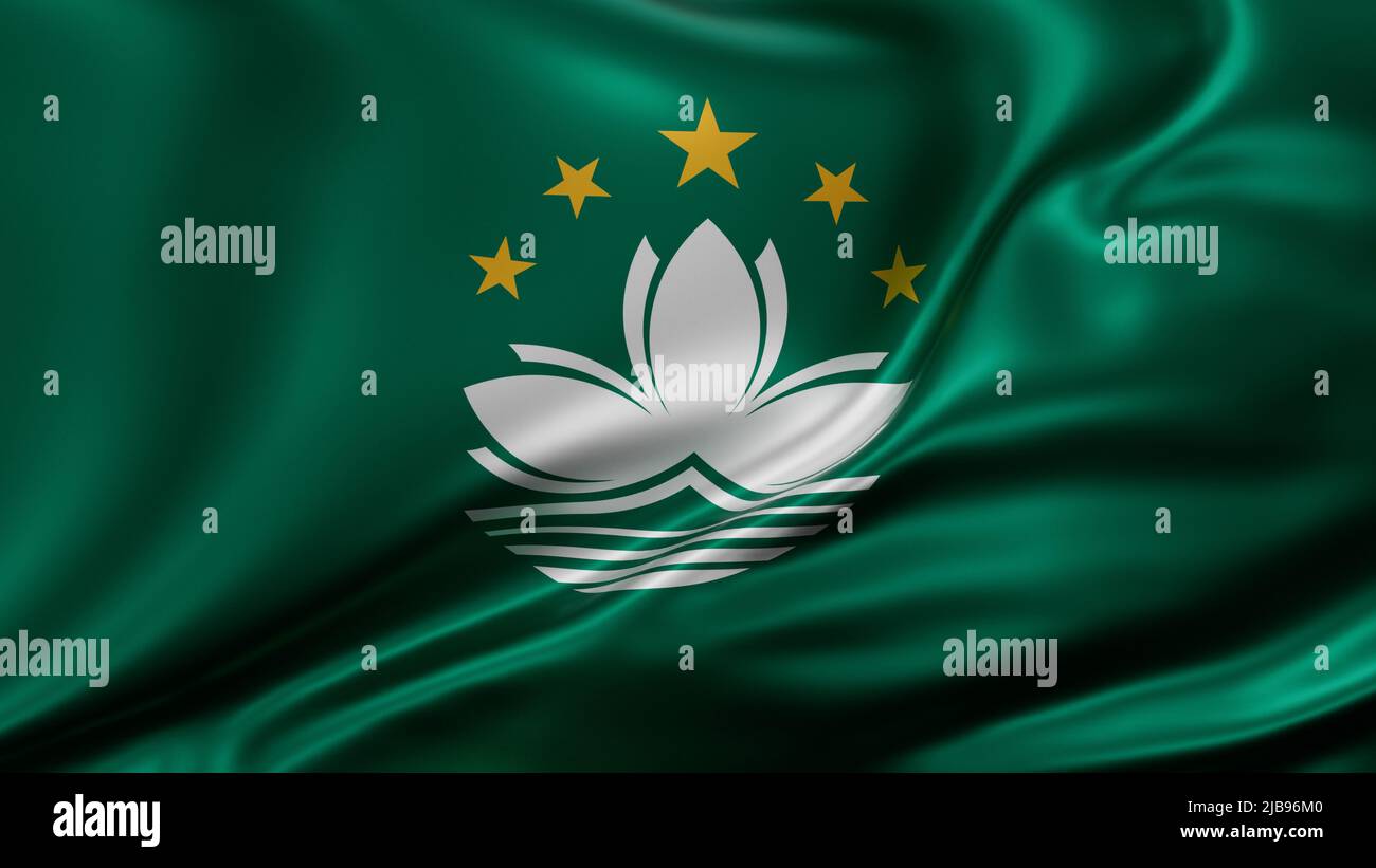 Macau flag full screen background, silk farbric, close up waving in the ...