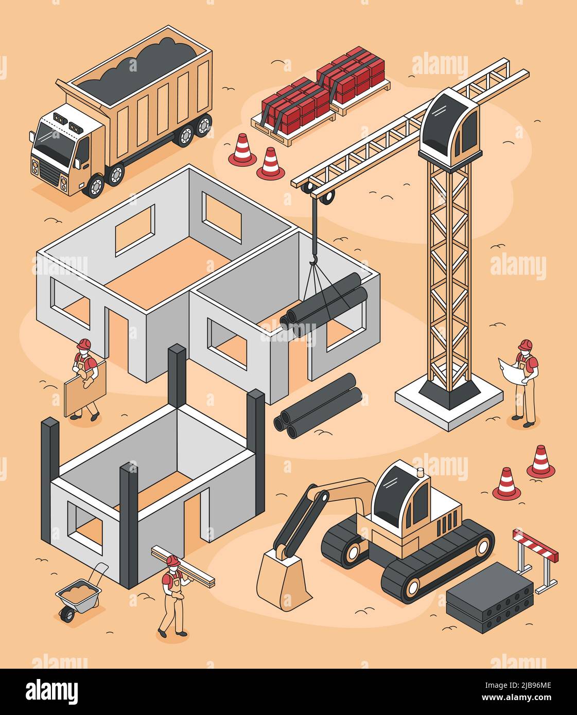 Isometric builders composition of house construction site with bulldozers trucks and pillar ...