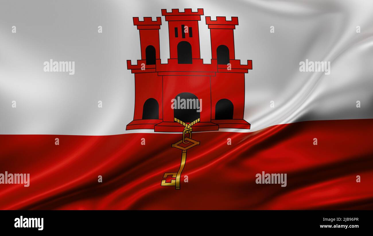 Gibraltar national flag full screen background, silk farbric, close up ...