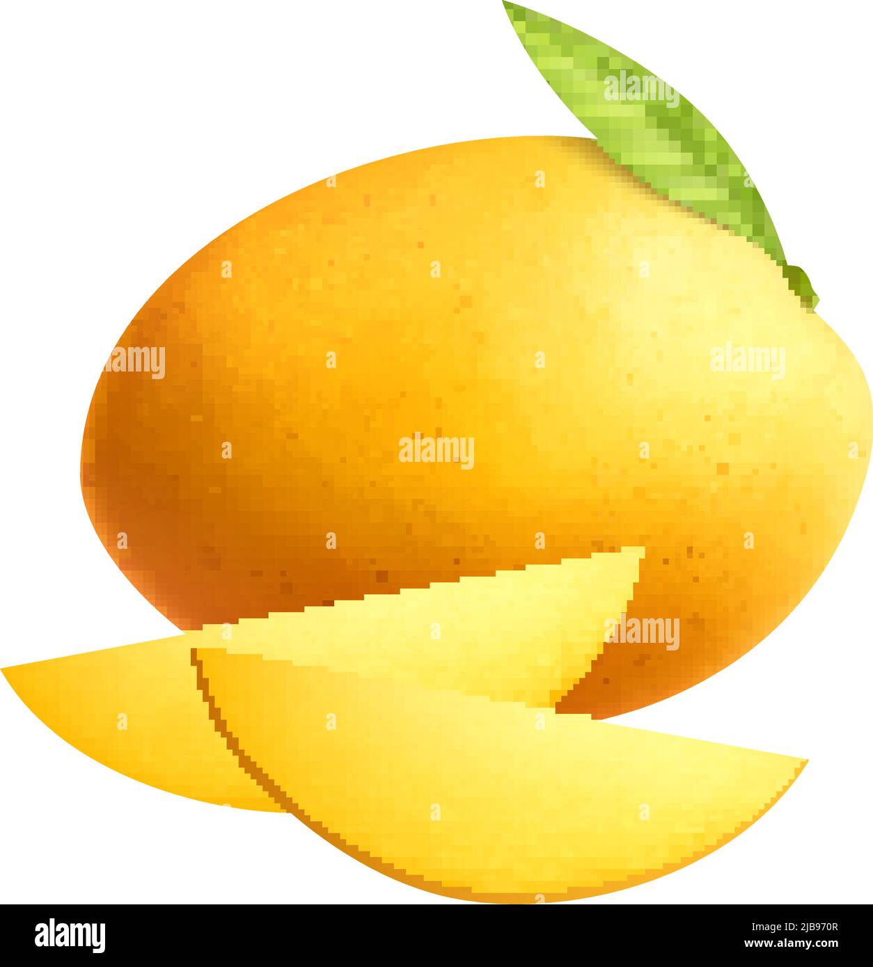Realistic whole mango with leaf and two slices on white background ...