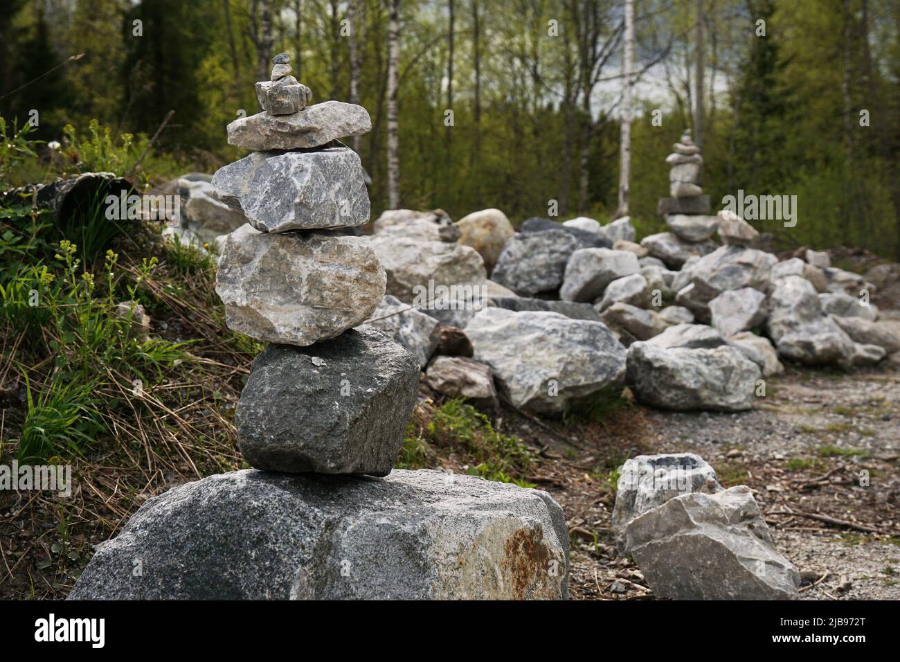 Pyramid made of stones. Piles of pyramids of stones in a former marble ...