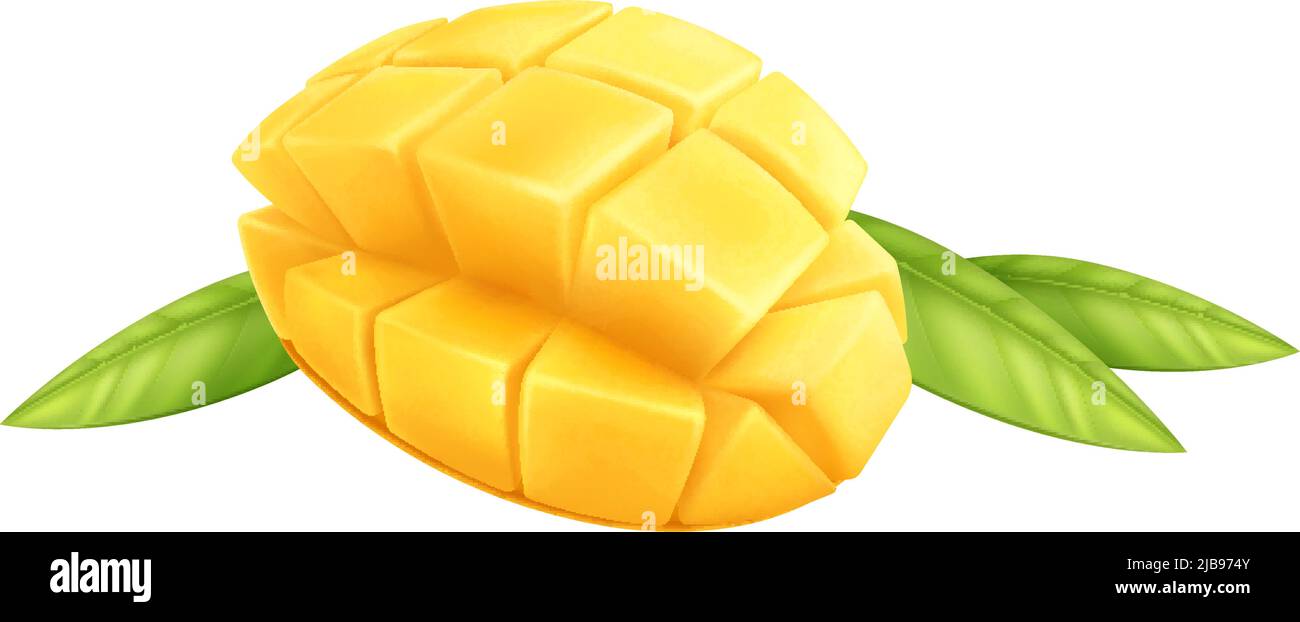 Sliced mango fruit with green leaves on white background realistic ...