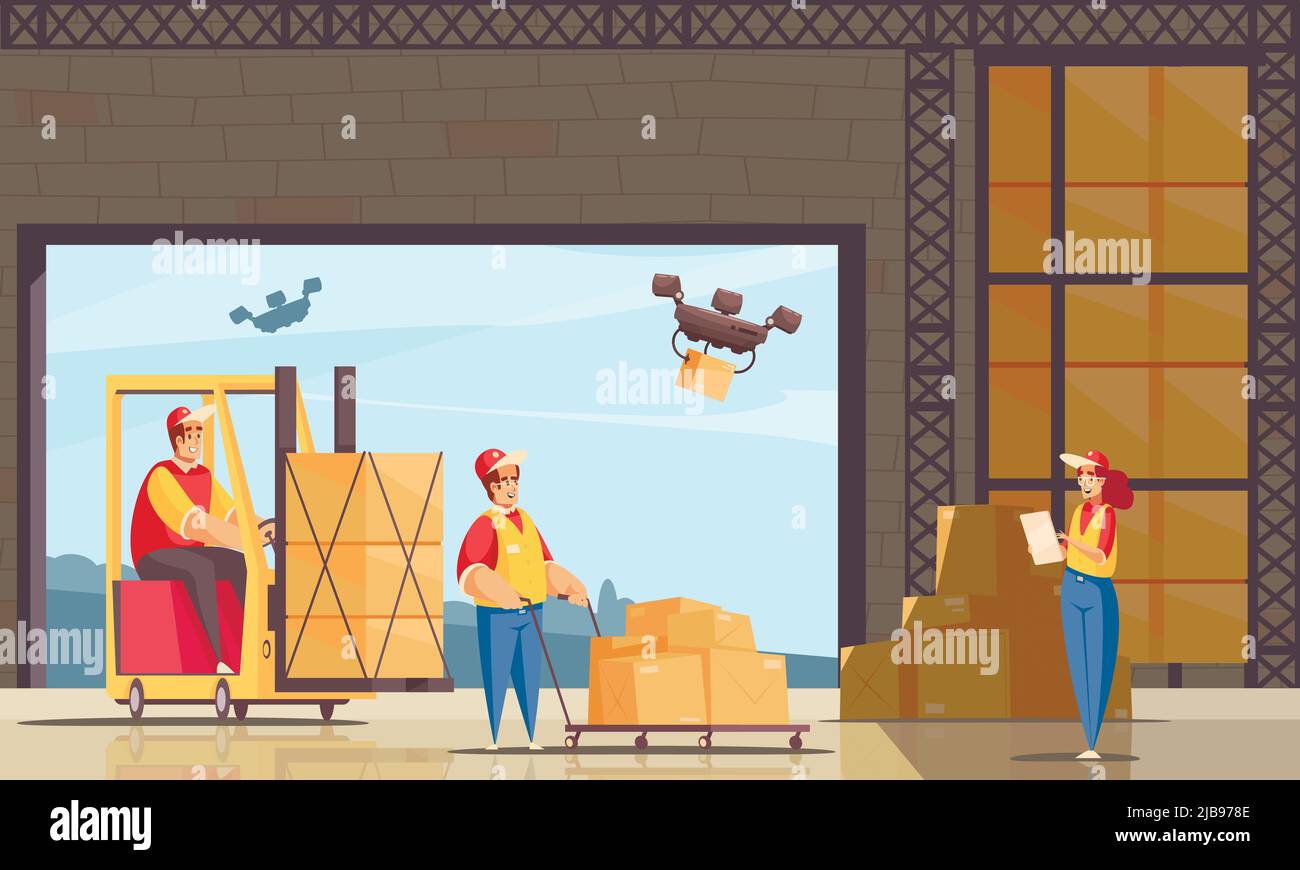 Delivery warehouse composition with stock building doodle style human ...