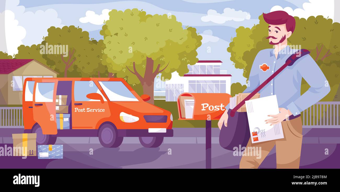 Postman flat composition of outdoor street scenery with postal worker ...