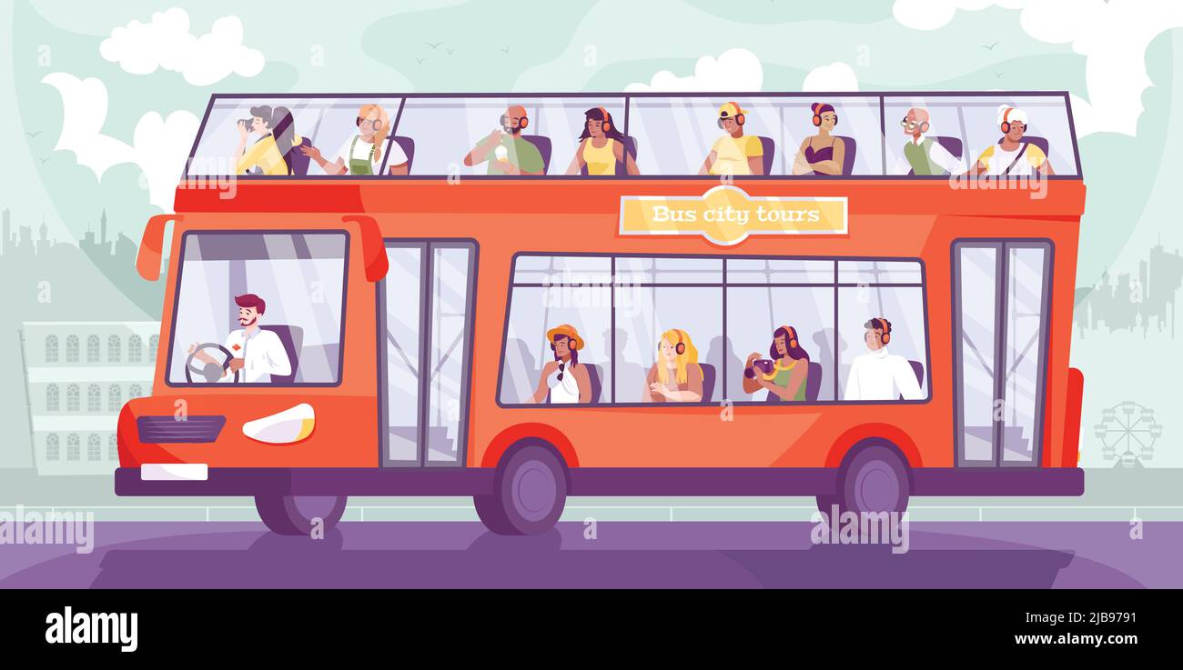 Bus excursion flat composition with cityscape silhouette background and ...