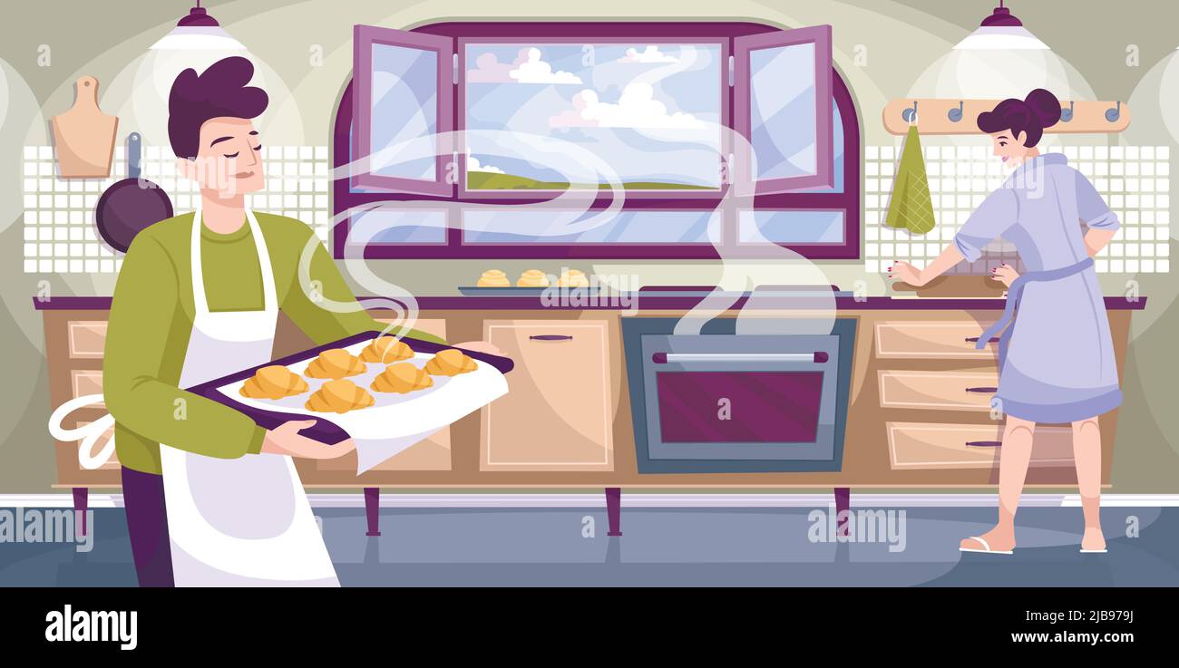 Homemade baking composition with view of house kitchen with oven and ...