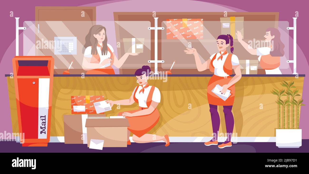Post office flat composition with female characters of postal workers ...