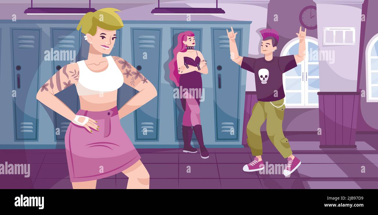 Teenagers subculture flat composition with college corridor scenery ...
