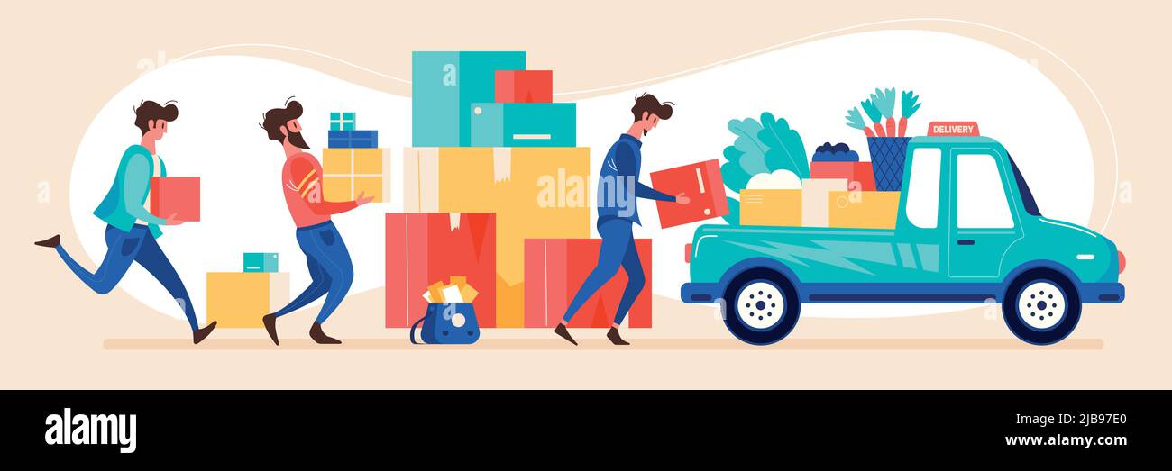 Food parcels online orders delivery service flat horizontal composition ...