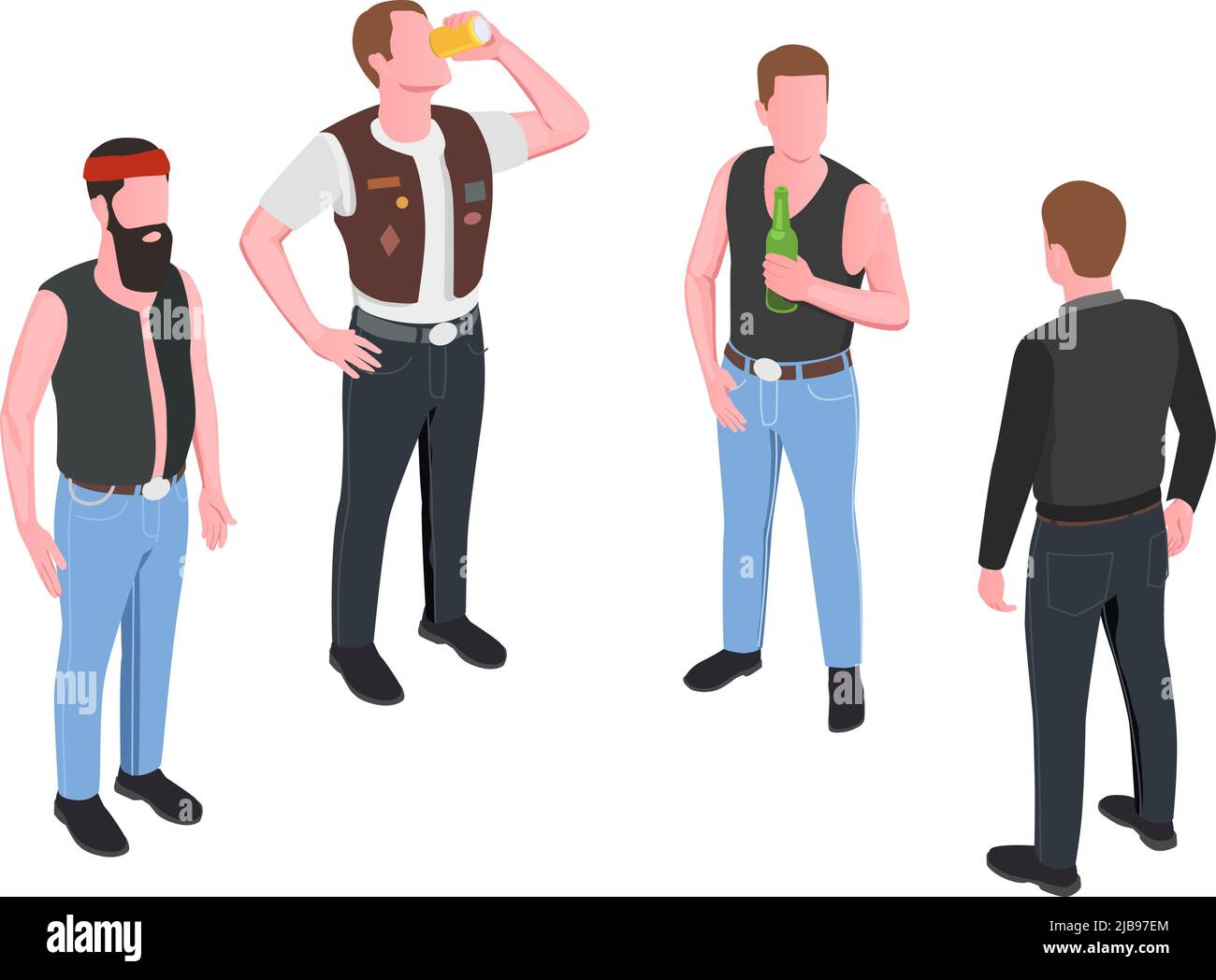 Four male bikers drinking beer isometric characters isolated on white ...