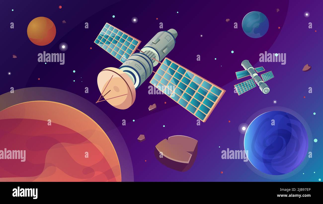 Space satellite flat composition with outer space scenery stars and ...