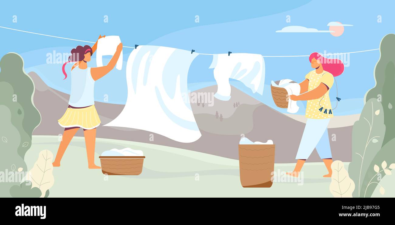 Drying clothes flat composition of outdoor scenery with female human ...
