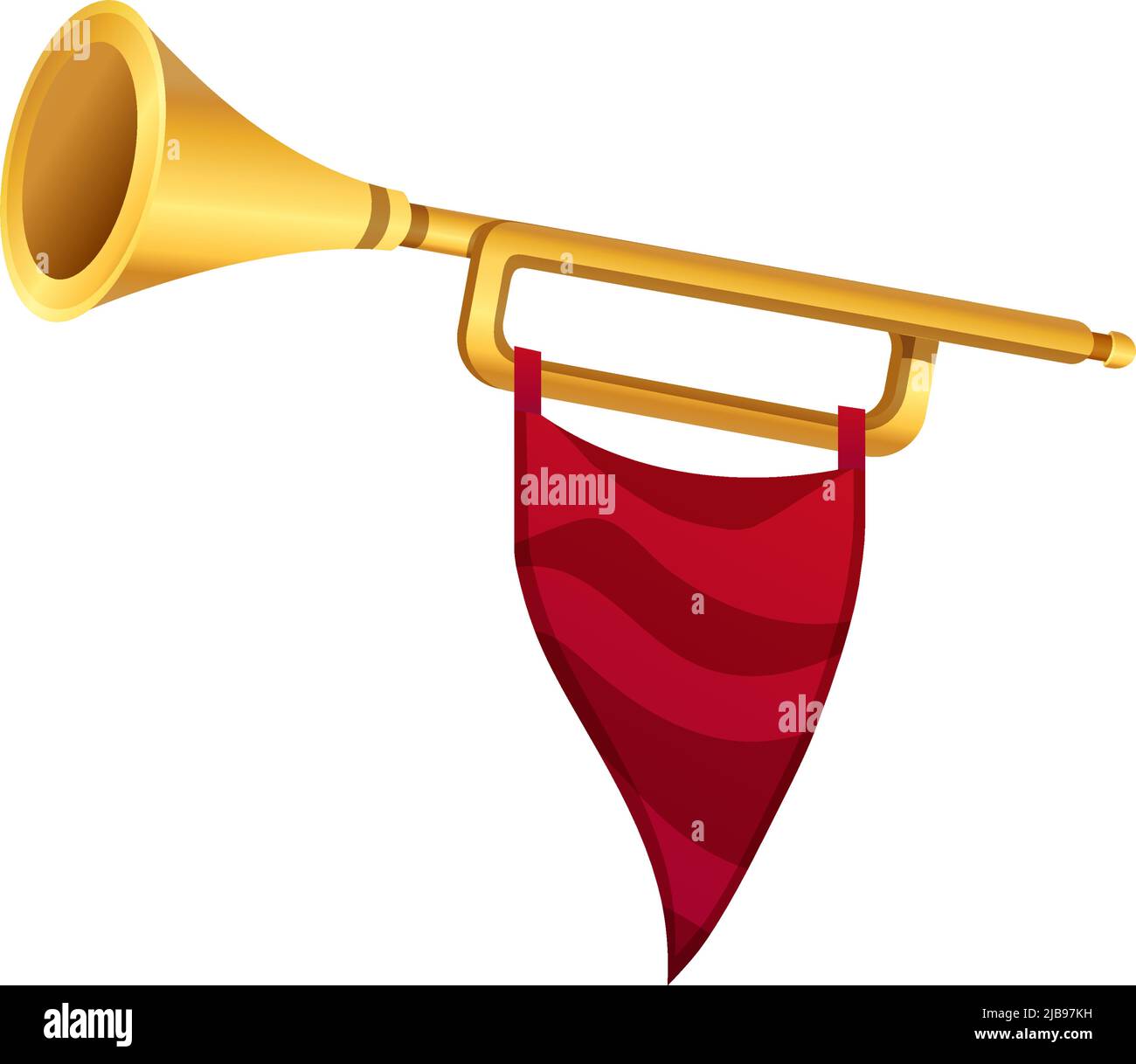 Golden trumpet with red flag on white background realistic icon vector ...