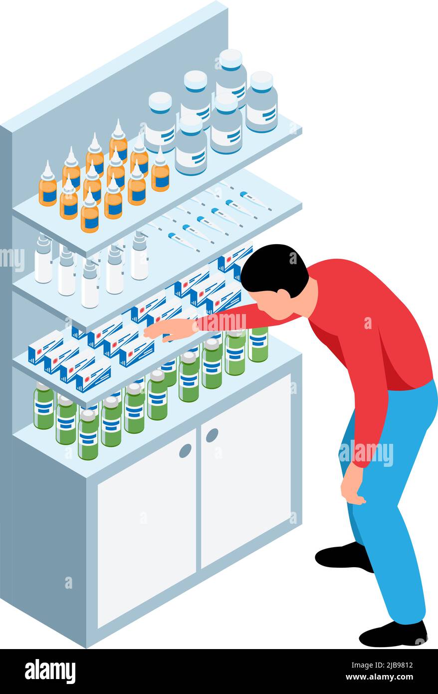 Pharmacy isometric icon with man taking medicine from shelf vector ...