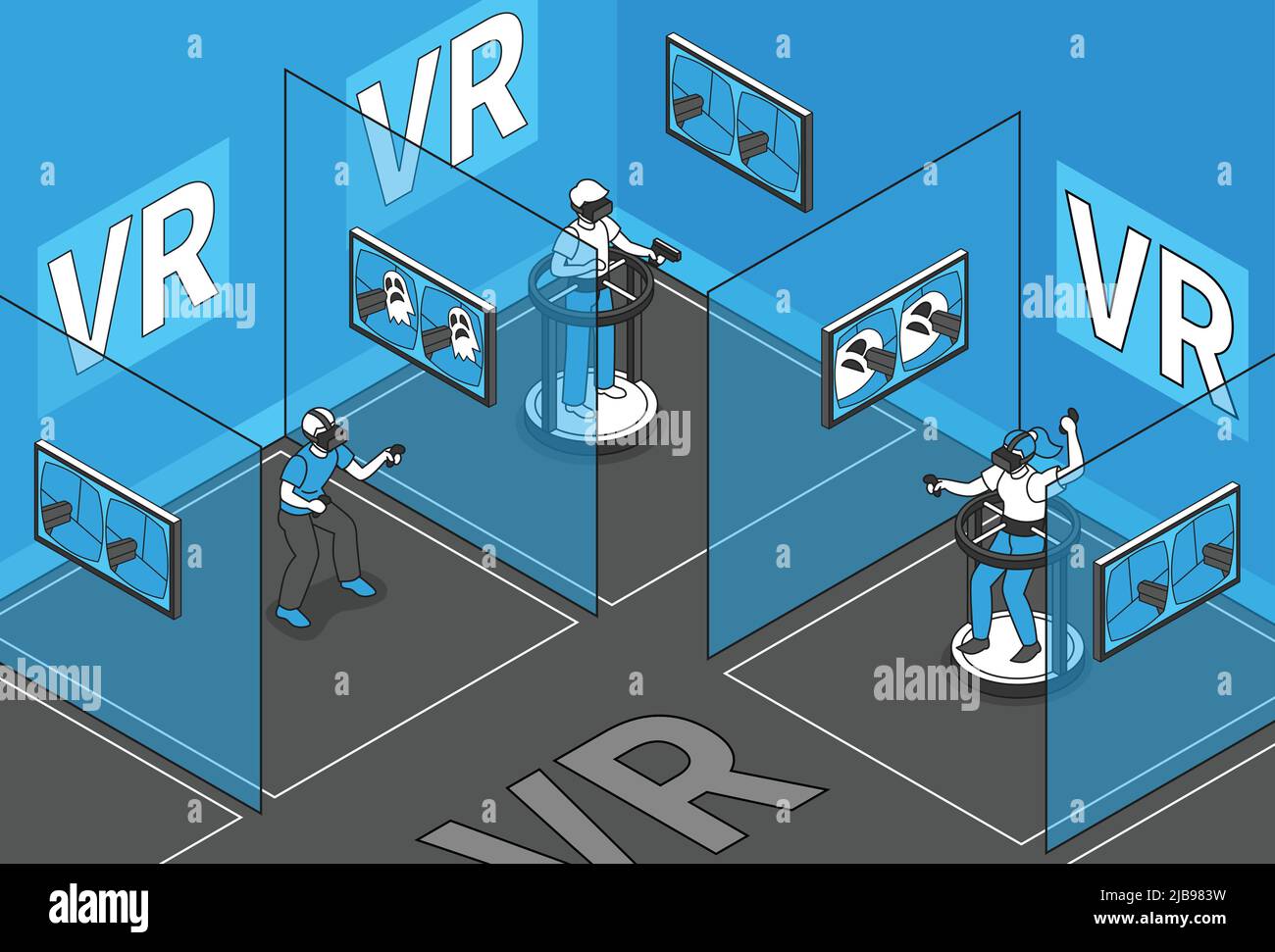 Virtual reality background with VR player symbols isometric vector ...