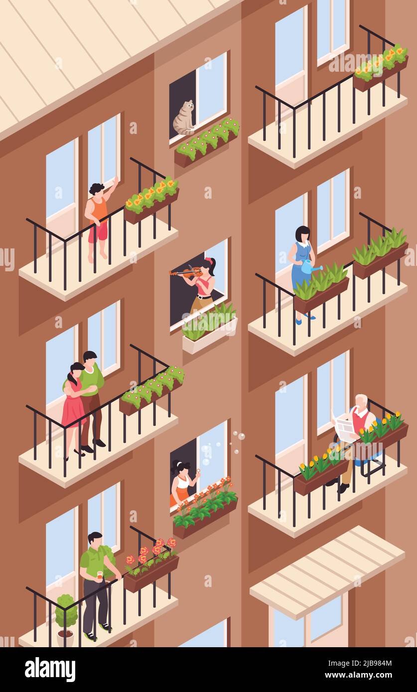 Isometric neighbors composition with view of high rise apartment house ...