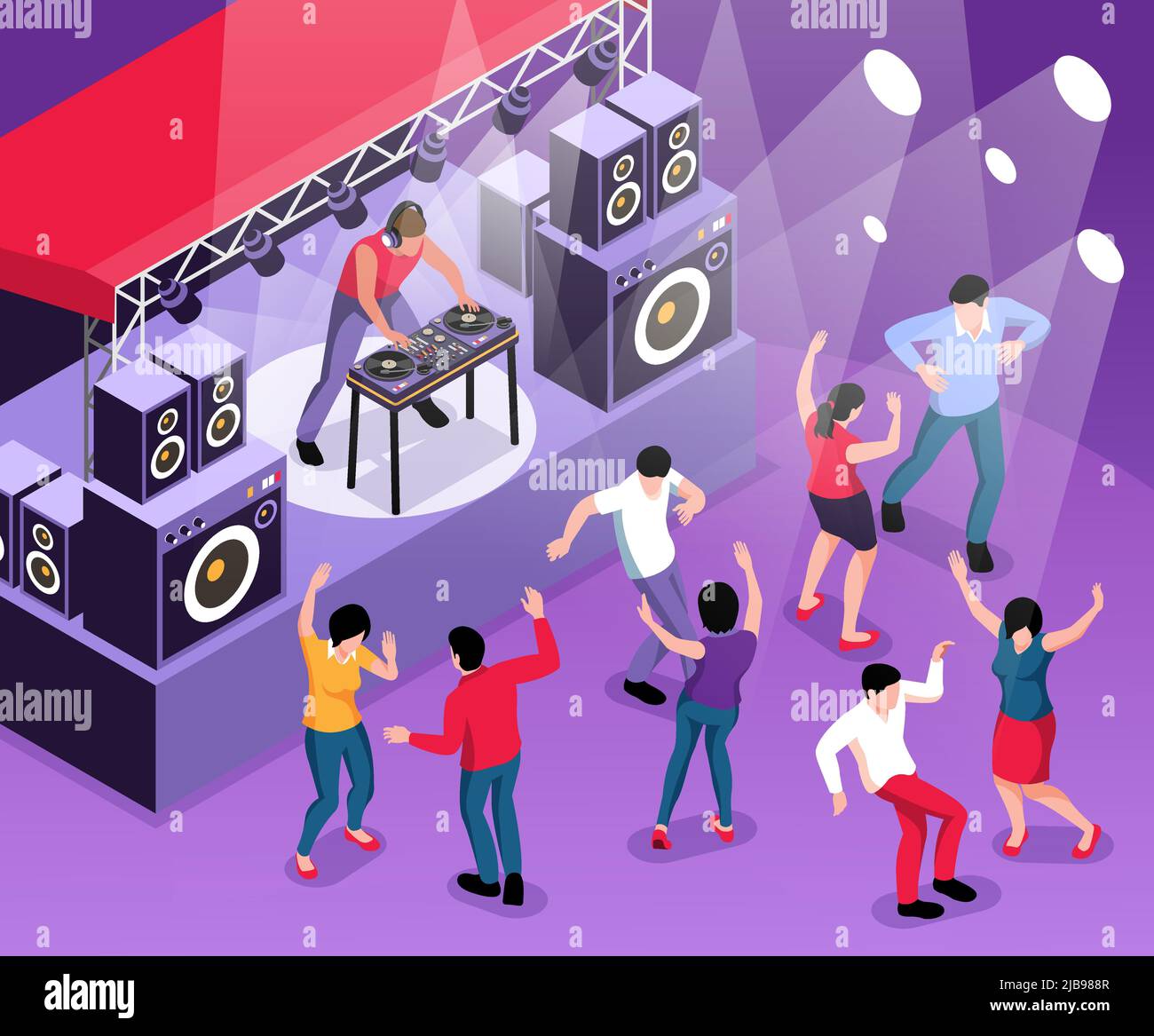 Isometric dj composition with view of dancefloor with disk jockey ...