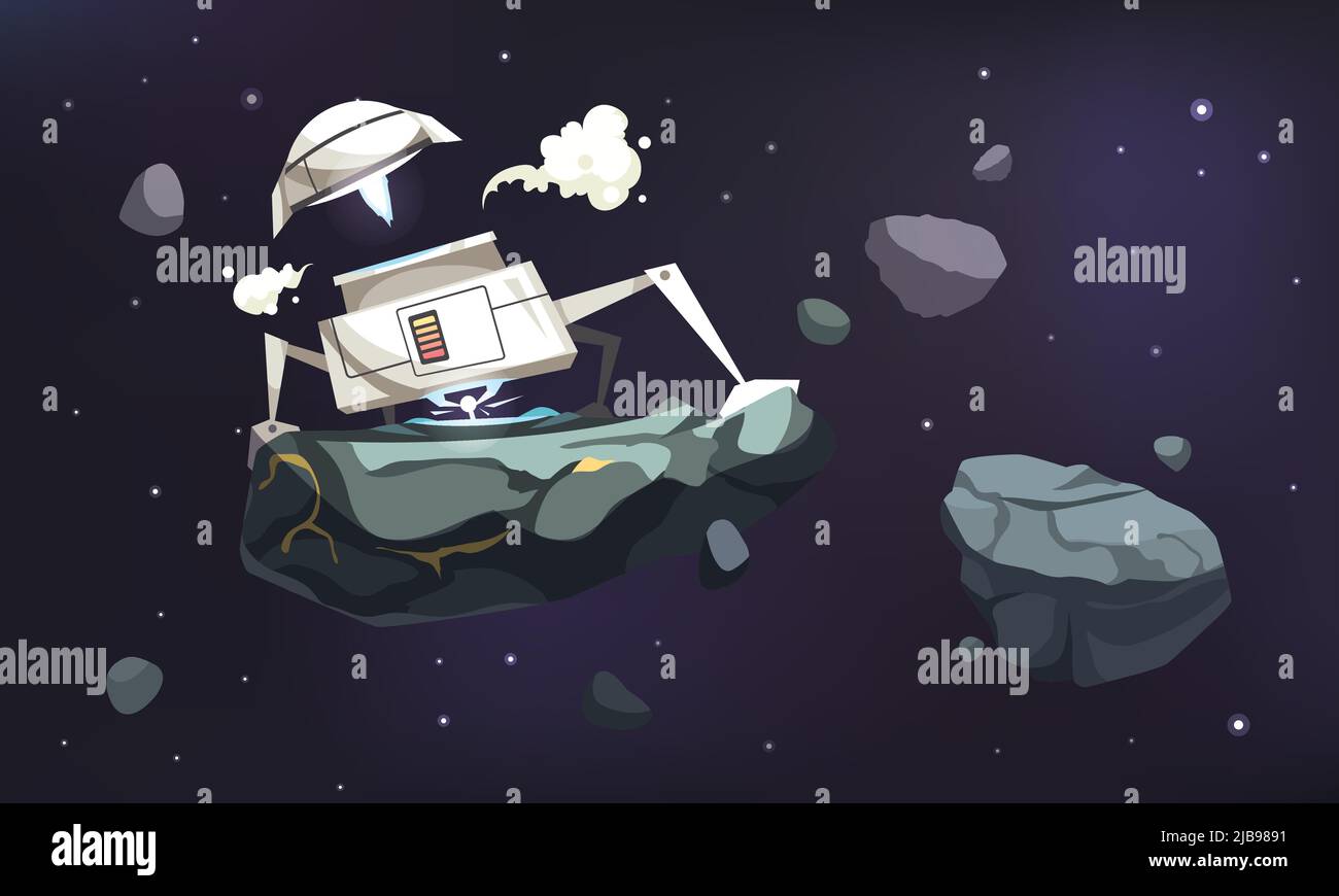 Cartoon futuristic background with robotic flying object keeping space ...