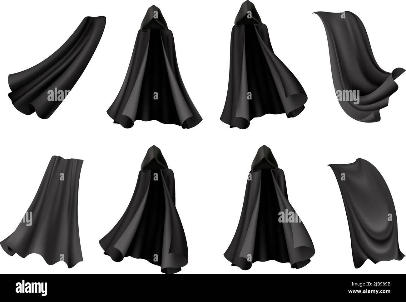 Set of isolated black cloak icons with realistic images of gowns of ...