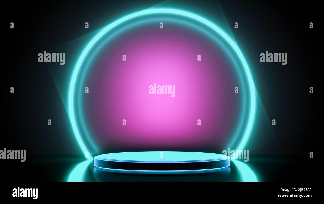 podium and various basic objects neon glowing (3d rendering Stock Photo ...