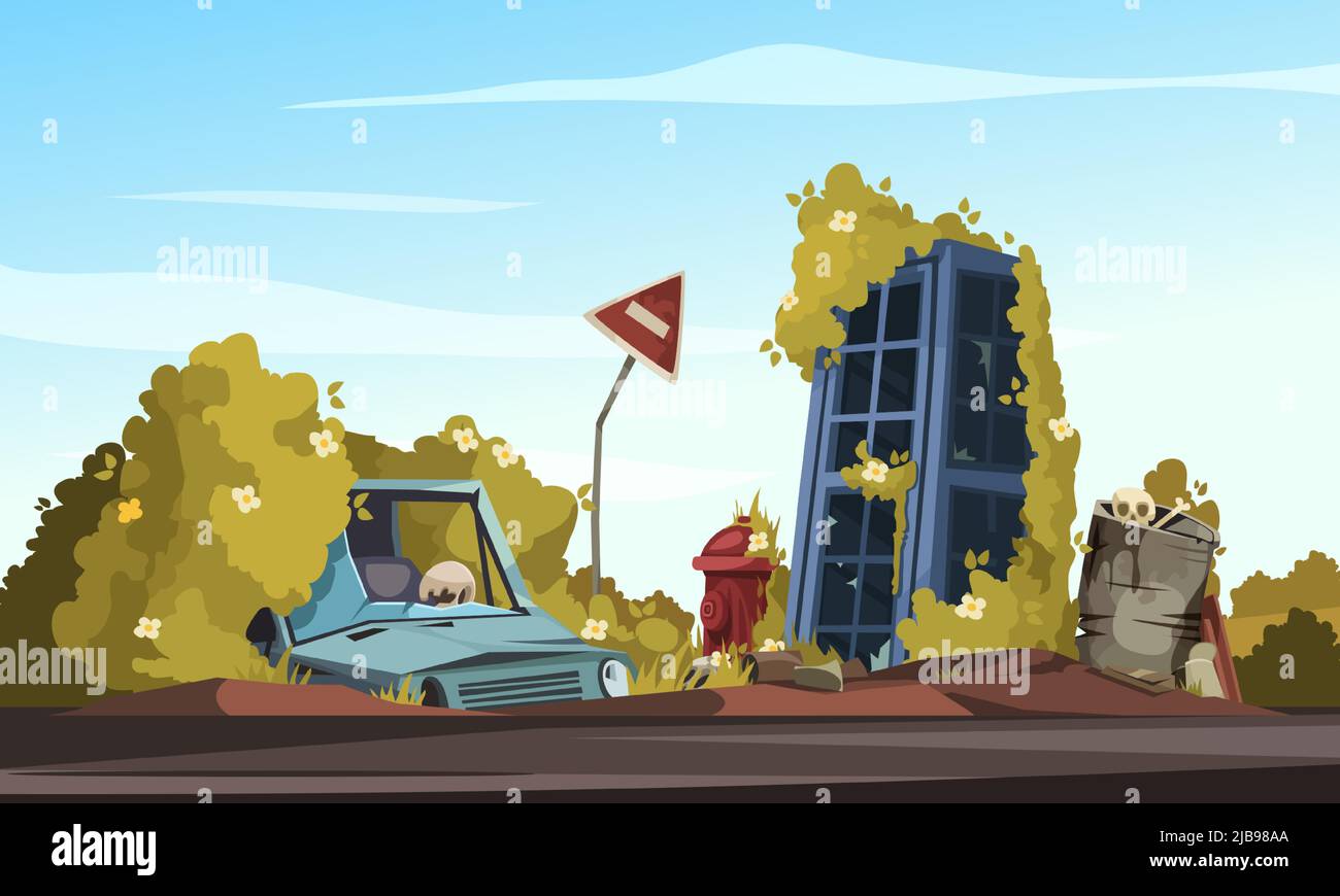 Post apocalypse cartoon composition with broken car near bent sign road ...