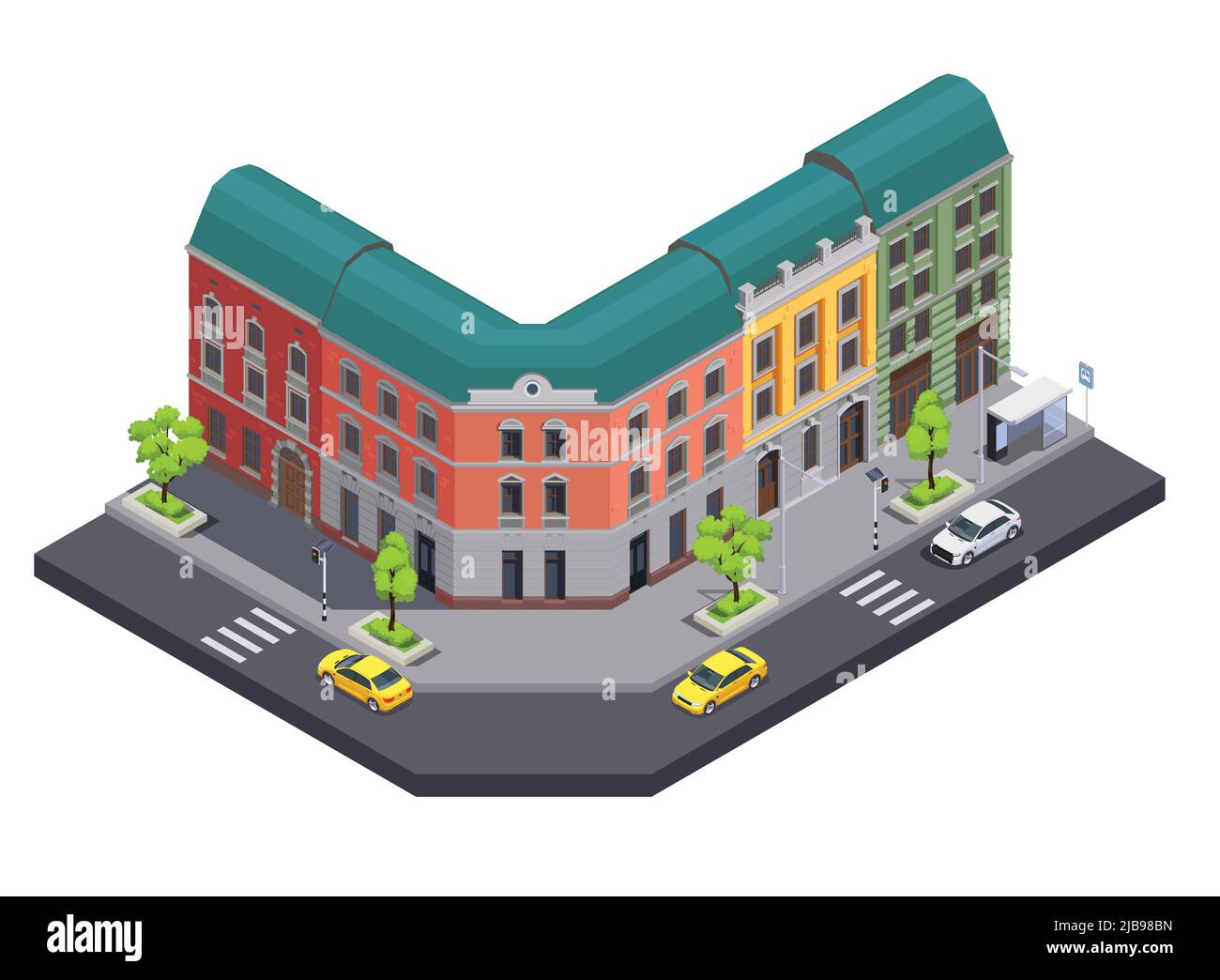 Suburban city buildings isometric composition with view of town street ...