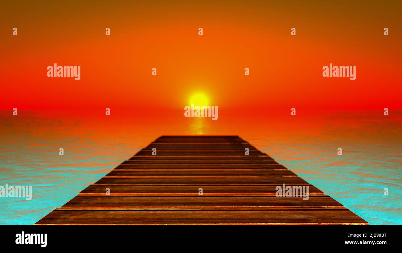 a boardwalk towards the sunset(3d rendering Stock Photo - Alamy