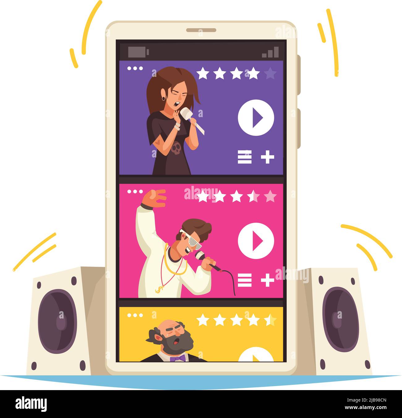 Streaming music mobile app concept with different singers on smartphone ...