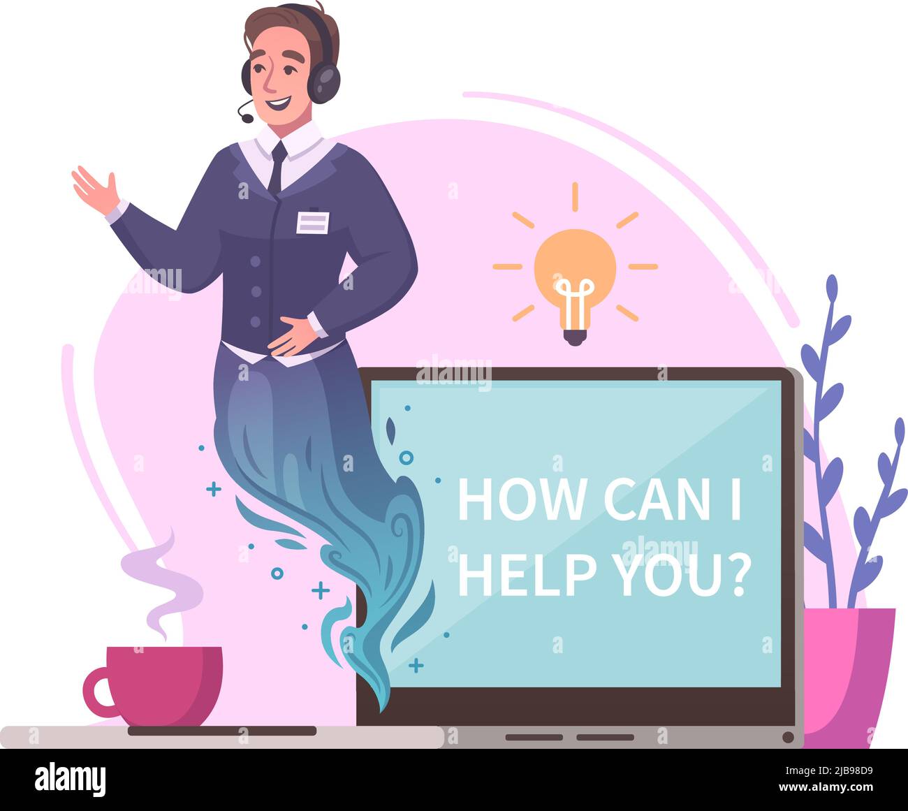 Virtual genie character concept with problem assistance symbols cartoon ...